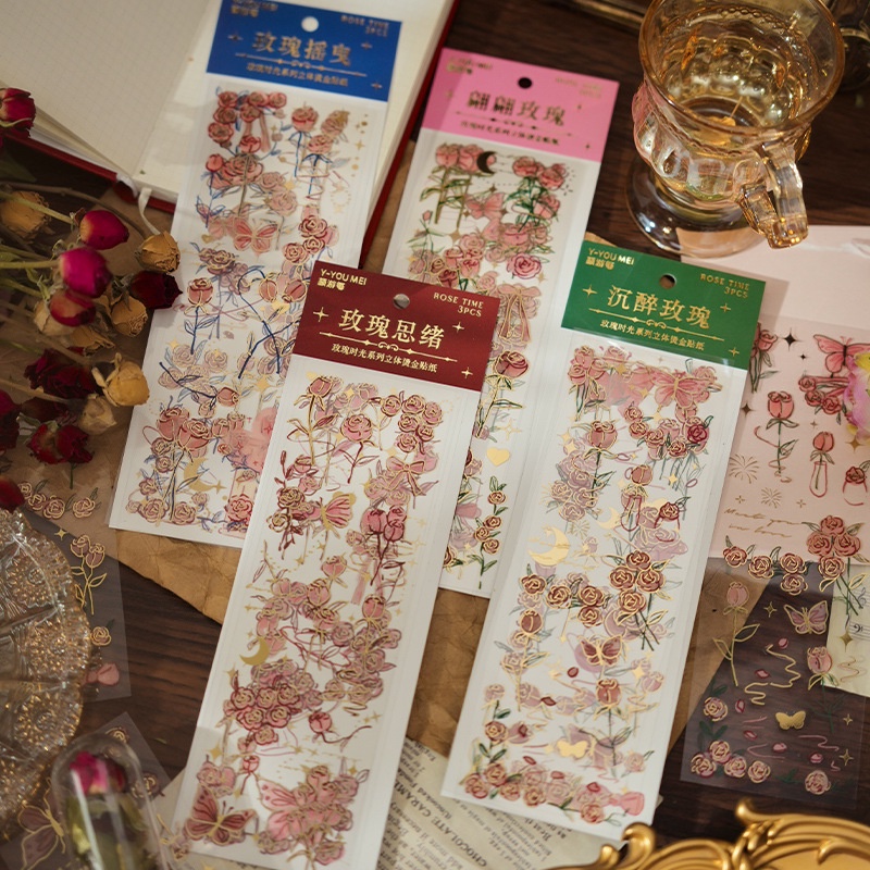 3pcs/packVintage PVC Hot stamping stickers[Rose Time Series]Botanical ...