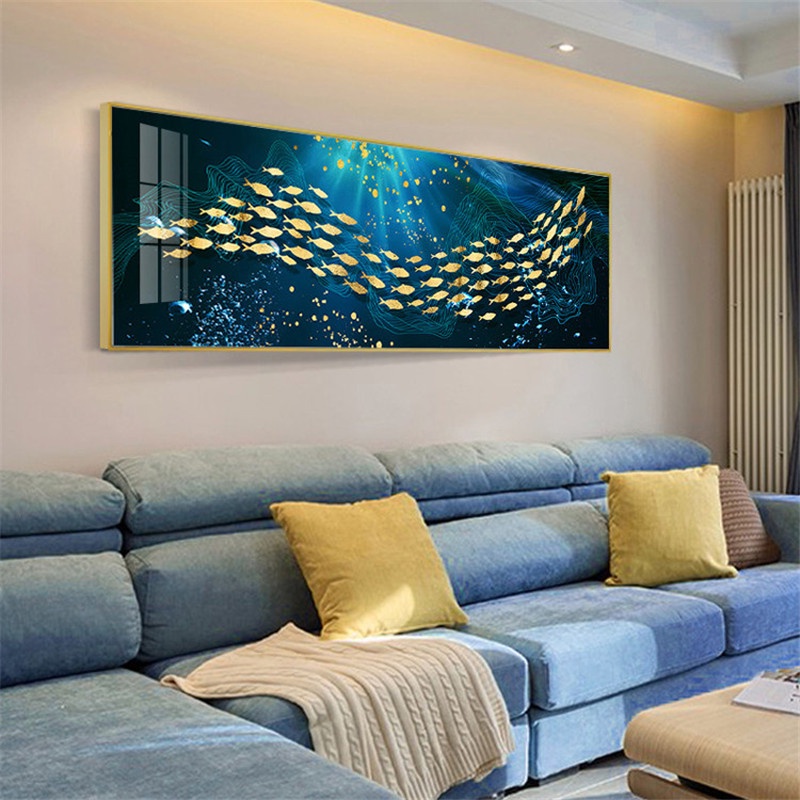 Modern Golden Fish Wall Art Oil Painting Printed on Canvas Blue Sea ...