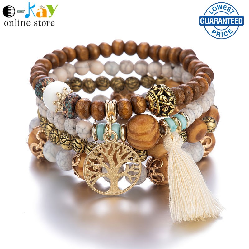 O-KAY 4Pcs Handmade Wood Beaded Bracelets for Women Boho Lucky Tree ...