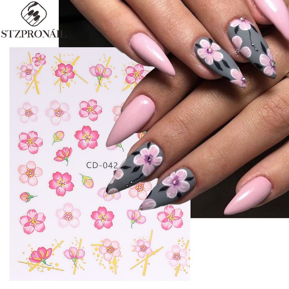 3D Pink Flower Nail Art Stickers Floral Leaves Cherry Blossoms Leaf ...