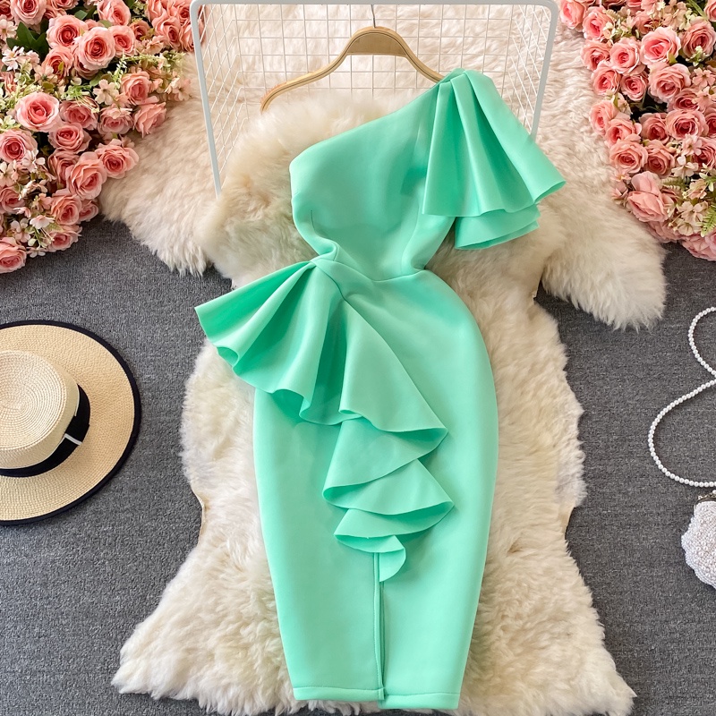 Women Elegant Bodycon Dress Summer Sexy Diagonal Collar Ruffle Fishtail ...