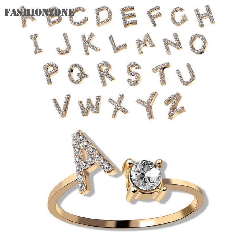 Gold Zircon A-Z Rings Silver Plated Initial Letters Rings Women Fashion ...