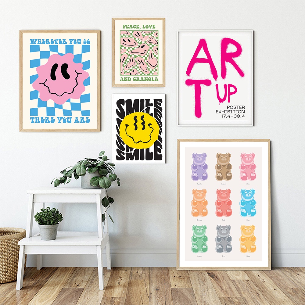 Boho Smiley Poster Rainbow Bear Art Print Hippie Doodle Canvas Painting ...