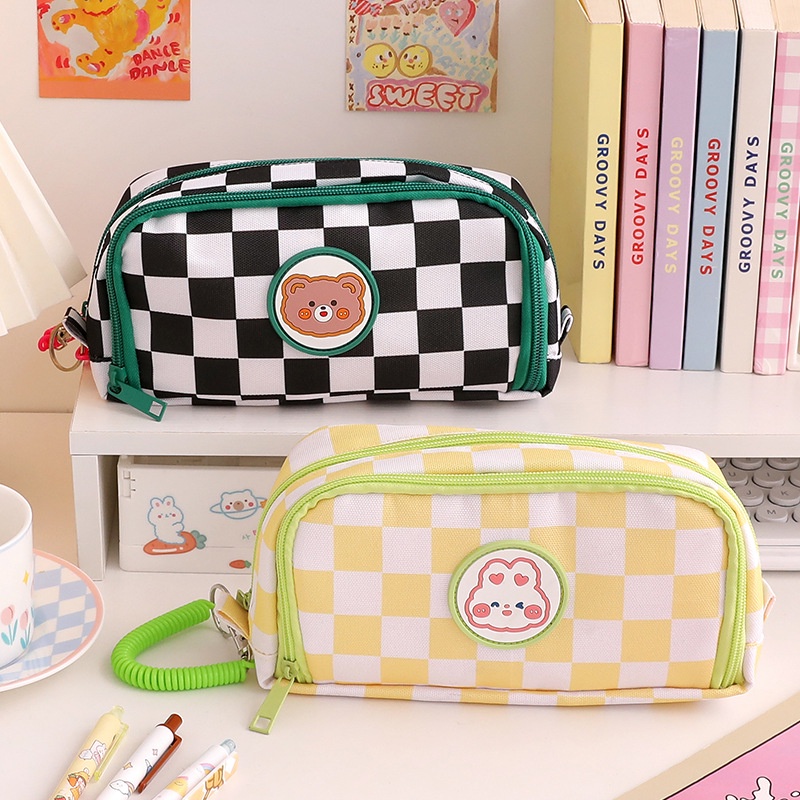 Large Capacity Checker Pencil Bag Black White Color Kawaii Pencil Case ...
