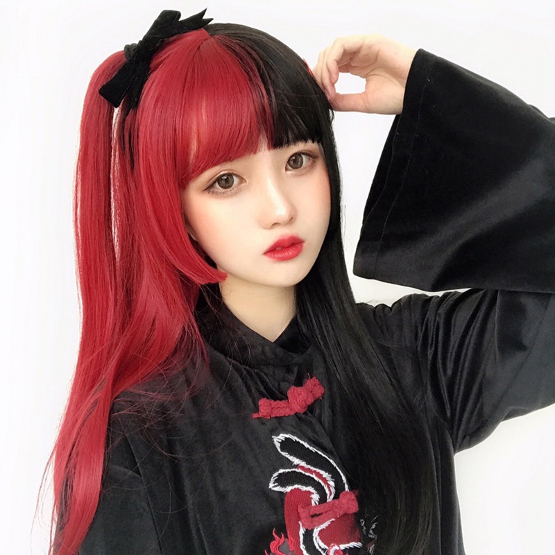 Cosplay wig cartoon bangs long straight hair black red gradient female ...