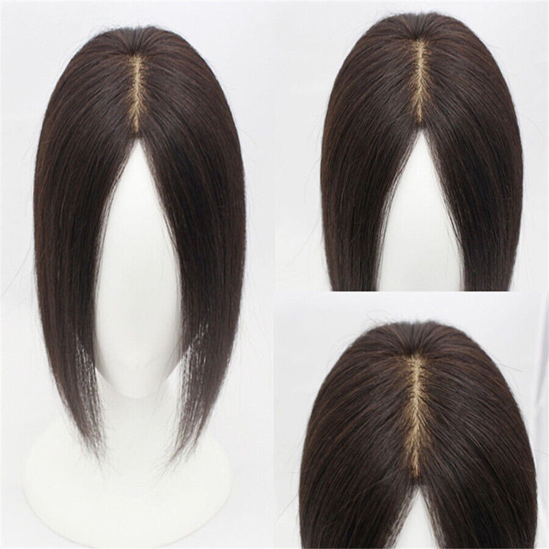 100% Real Human Hair Topper Toupee French Side Part Bangs Clip Wigs For ...