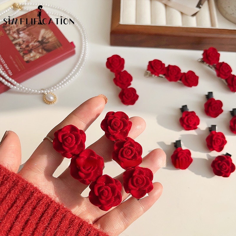 French Retro Elegant Red Flocked Rose Flower Hair Clips/ INS Style ...