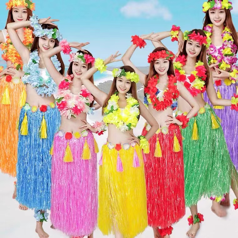 Hawaiian Hula Grass Skirt Fancy Dress Flower Long Hawaiian Tropical ...