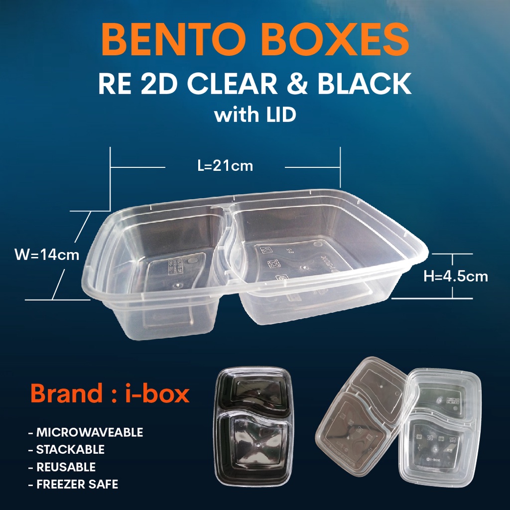 RE2D, 2 DIVISION CLEAR/BLACK BENTO BOX (1 BOX 150PCS) MICROWAVEABLE, I ...
