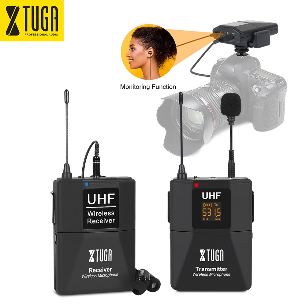 XTUGA UHF Wireless Lavalier Camera Microphone Built-In Headphone ...