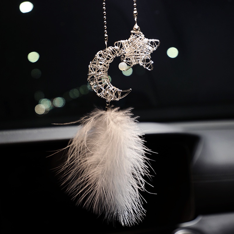 Car Rearview Mirror Star and Moon Feather Pendant Car Dream Catcher ...