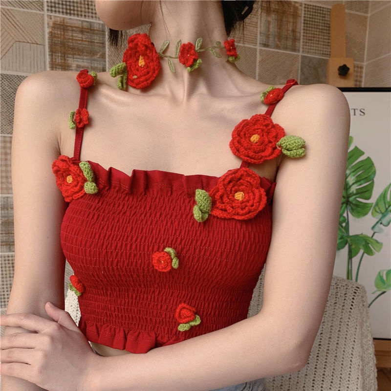 Spicy Girl Strap Women's Retro Three-dimensional Rose Blossom Vest Sexy ...