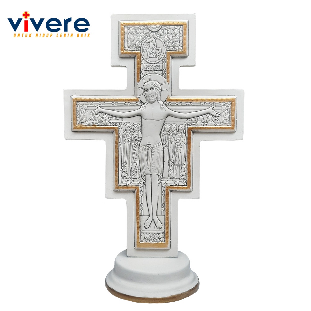 PUTIH Jesus Cross San Damiano Motif White Gold Sitting 29cm | Shopee ...