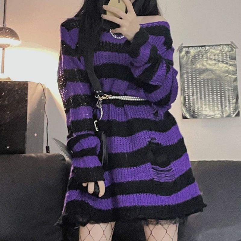 Karrram Pink Striped Gothic Sweaters Women Ripped Holes Loose Knitted ...