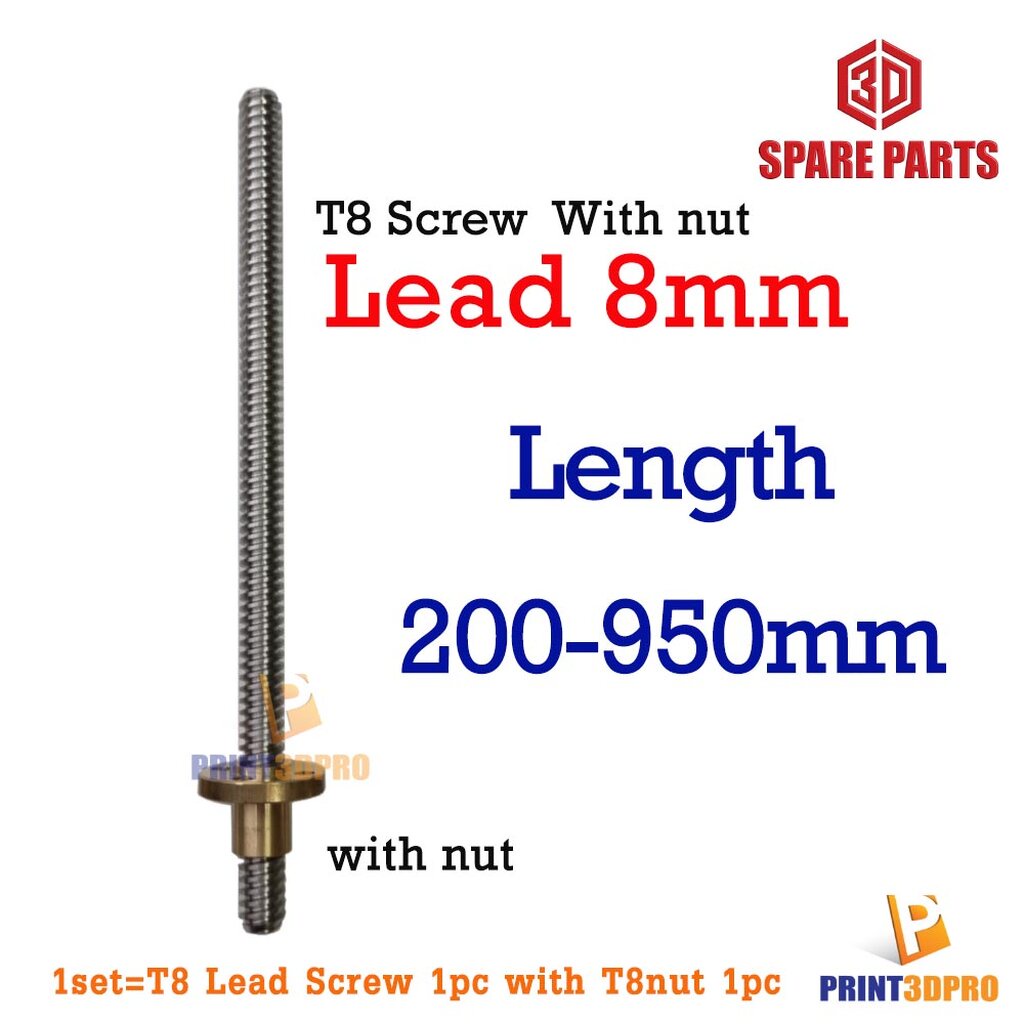 3D Part T8 Screw Lead 8mm Pitch 2mm 200-1500mm With T8 Nut 3D Printer ...