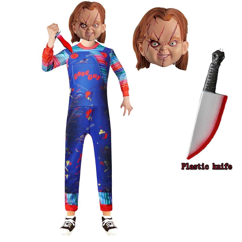 ぅバ Kids Chucky Cosplay Costume Ghost Doll Full Set Mask Plastic Knife ...