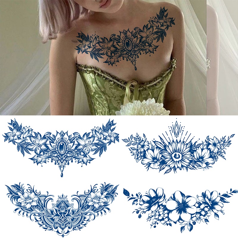Chest Flower Pattern Tattoo Stickers Blue Juice Ink Tattoo Long Lasting ...