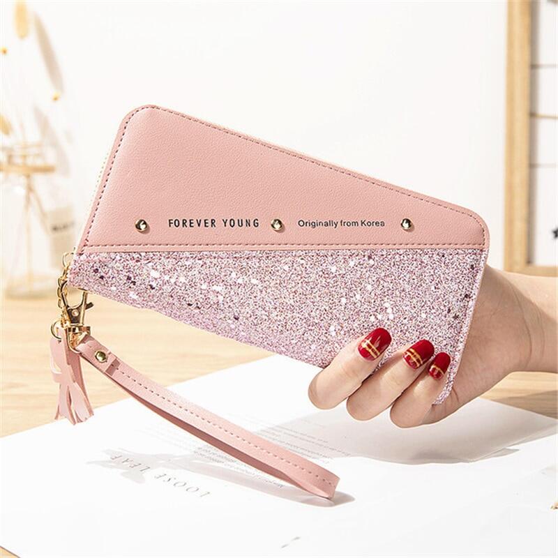 Fashion Women's PU Leather Long Wallets Sequins Patchwork Glitter ...