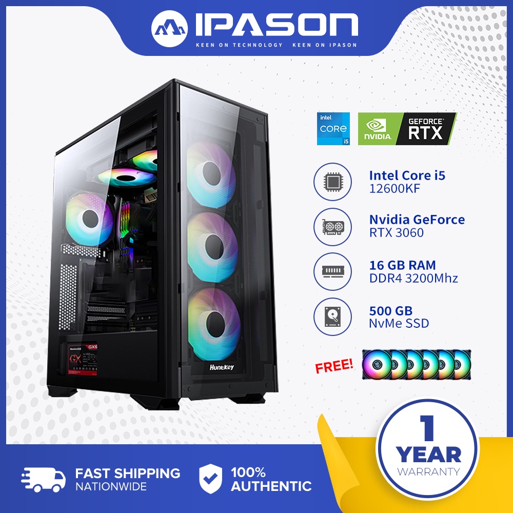 IPASON Gaming PC Core i5 12600KF Bundle 12600K Intel Processor RTX 3060 Graphics Card GDDR6 DDR5 ...