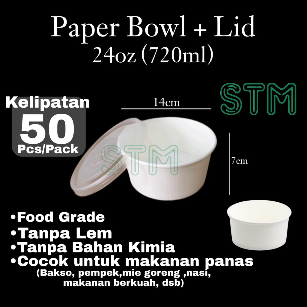 PUTIH Paper bowl 24oz + white lid/Clear Premium Thick Paper bowl 720ml ...