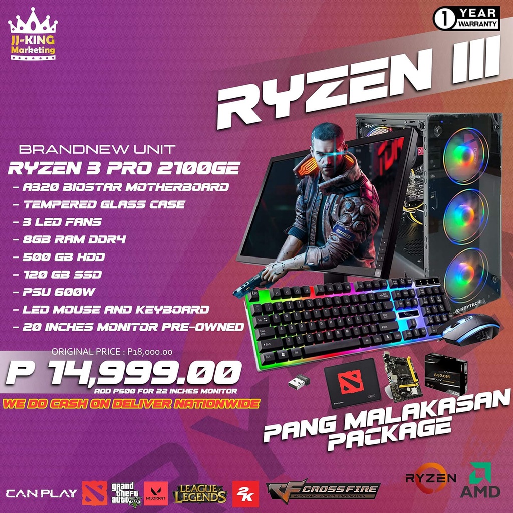 GAMING COMPUTER PACKAGE RYZEN 3 2100GE 8GB RAM 128 SSD 20 INCHES LED ...