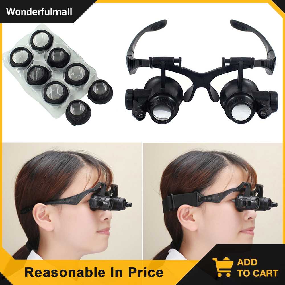 ♚WM♚Head Wearing Magnifier Glasses Loupes with LED Portable 10X/15X/20X ...