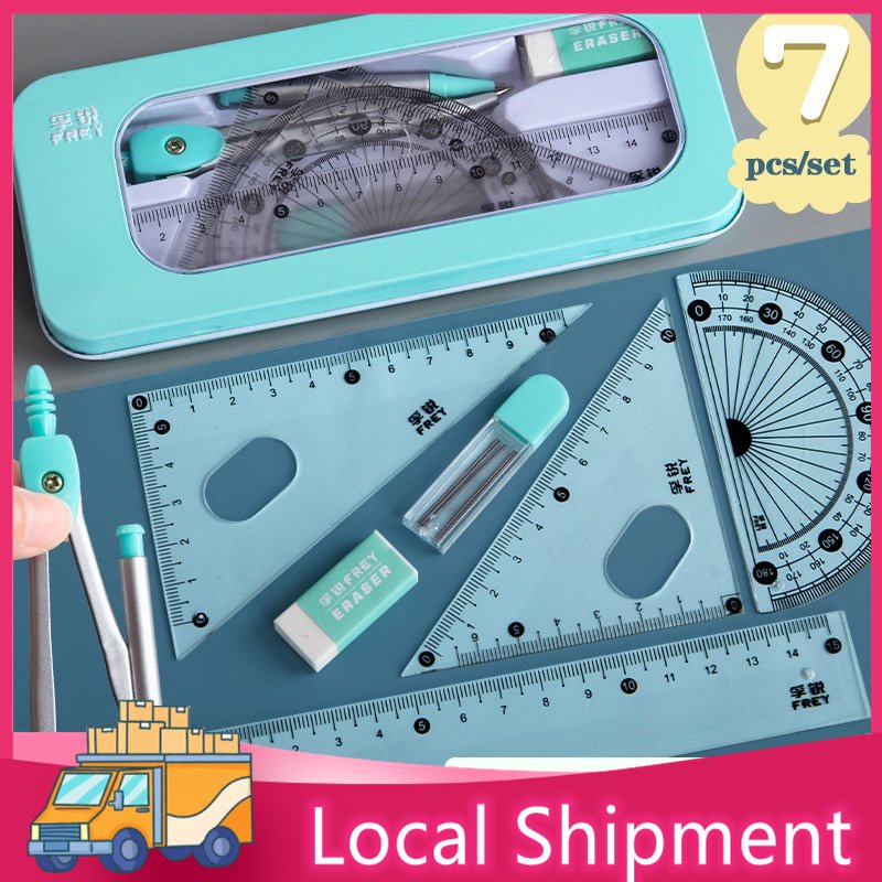 7Pcs/lot Ruler Set GeometricDrawing Eraser Back To School Math Compass ...