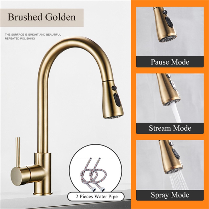 Kitchen Faucets Brushed Gold Pull Out Kitchen Sink Water Tap Stainless ...