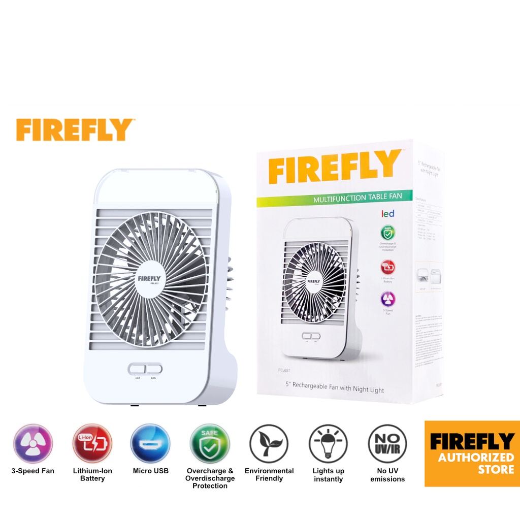 Firefly 5" Rechargeable AC/DC Fan with Night Light FEL651 | Shopee ...