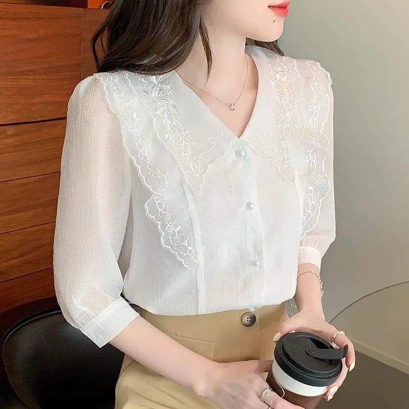 White Lace Chiffon Blouse Women Korean Style Lapel 3/4 Sleeve Belly ...
