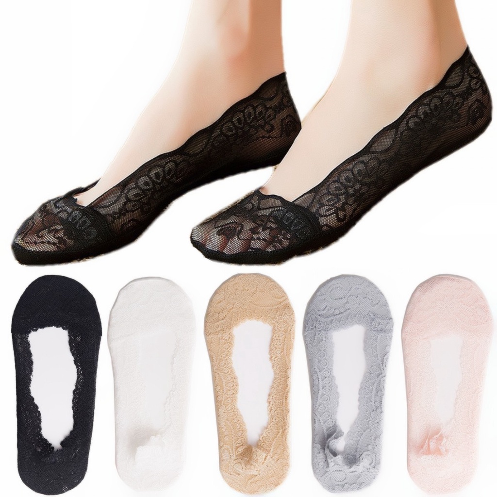 5 Pairs Women Lace Cotton Invisible No Show Socks Non-slip Summer Solid ...