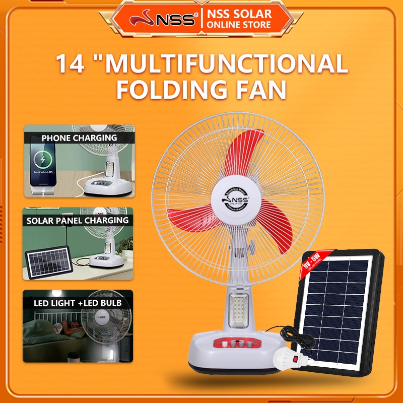 NSS Solar Fan 14 Inch Rechargeable Solar Fan AC Fan with 1 LED Bulb and ...