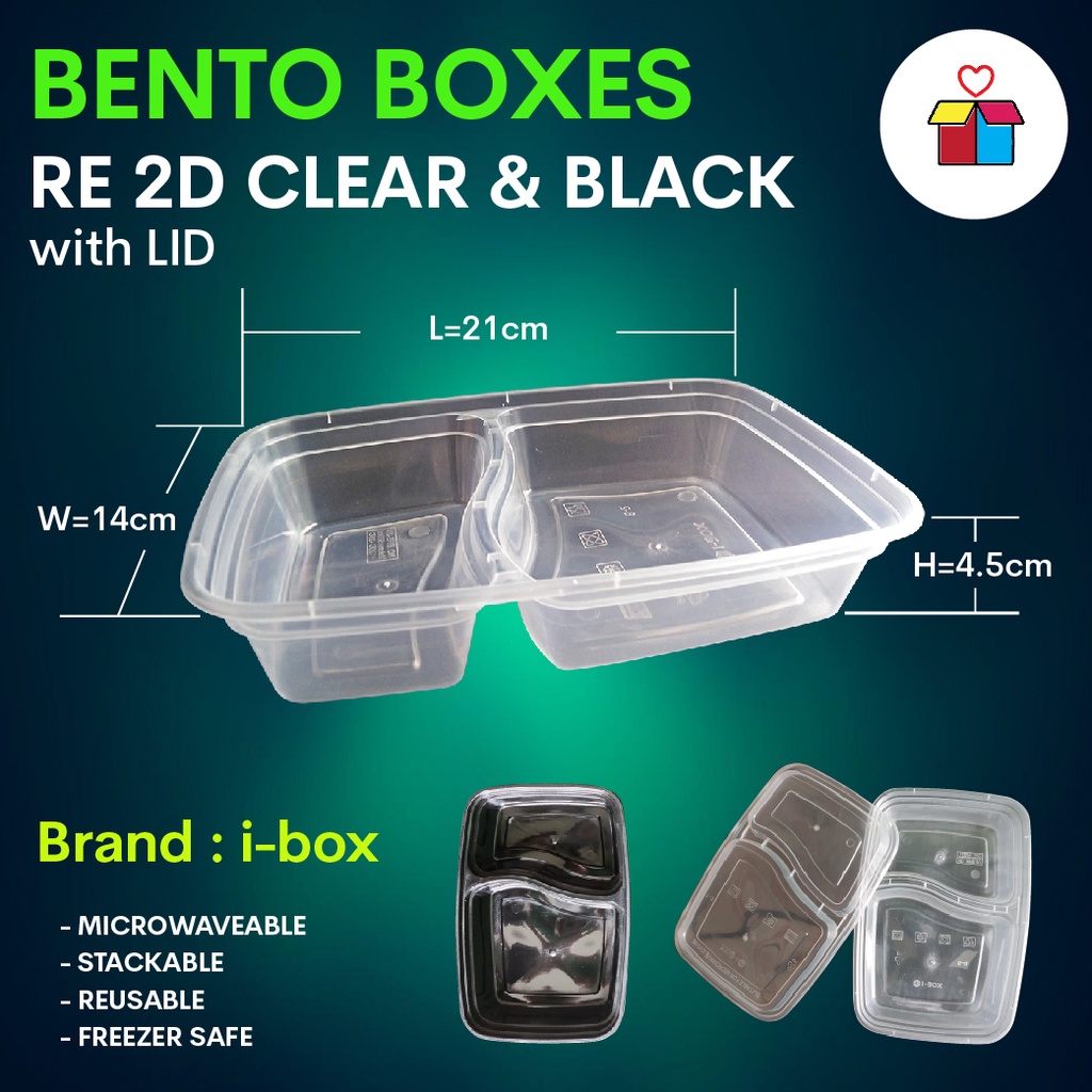 RE2D, 2 DIVISION CLEAR/BLACK BENTO BOX (1 BOX 150PCS) MICROWAVEABLE, I ...