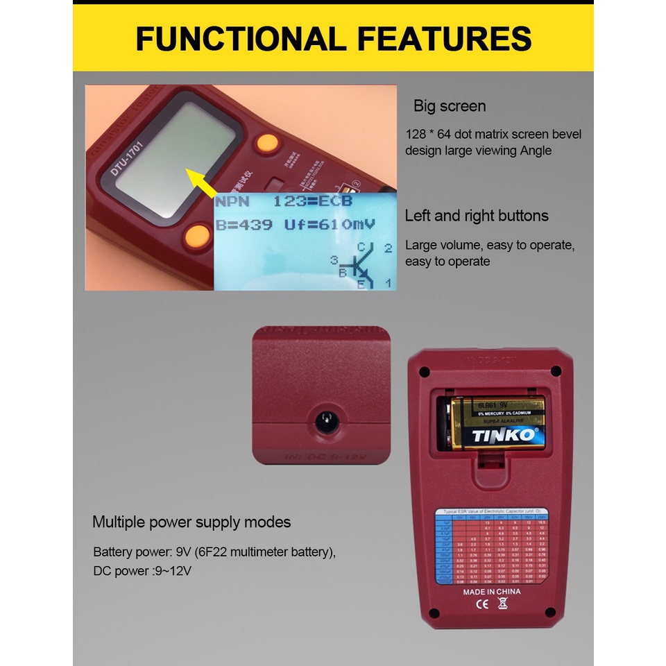 Digital Transistor Tester Multi-use Transistor ESR/SMD Tester Diode ...