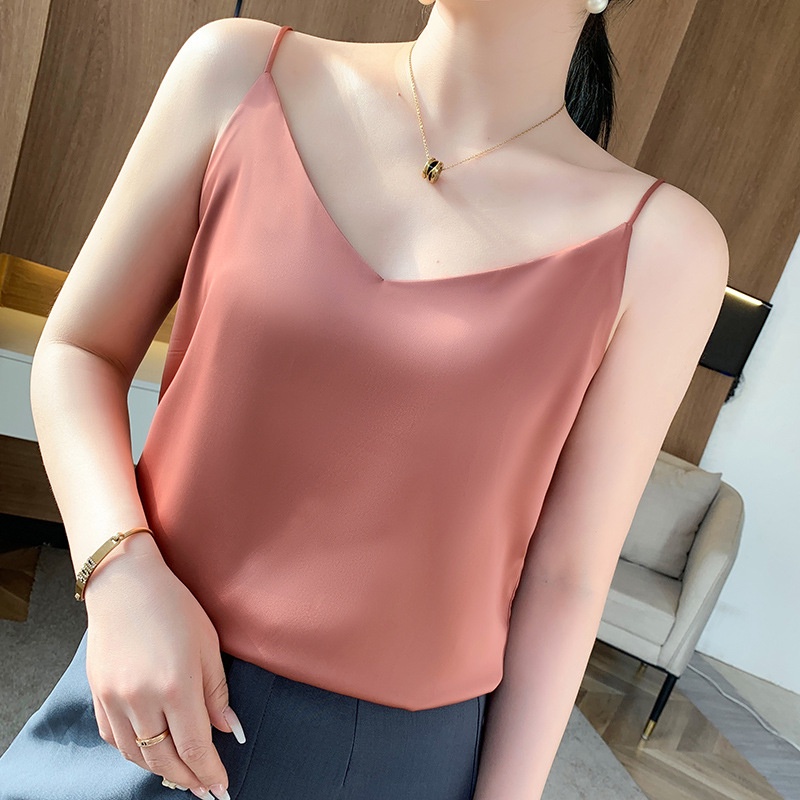 Womens Casual Silk Satin Tank Top Summer V Neck Camisole Cami Spaghetti Strap Top Loose Basic ...