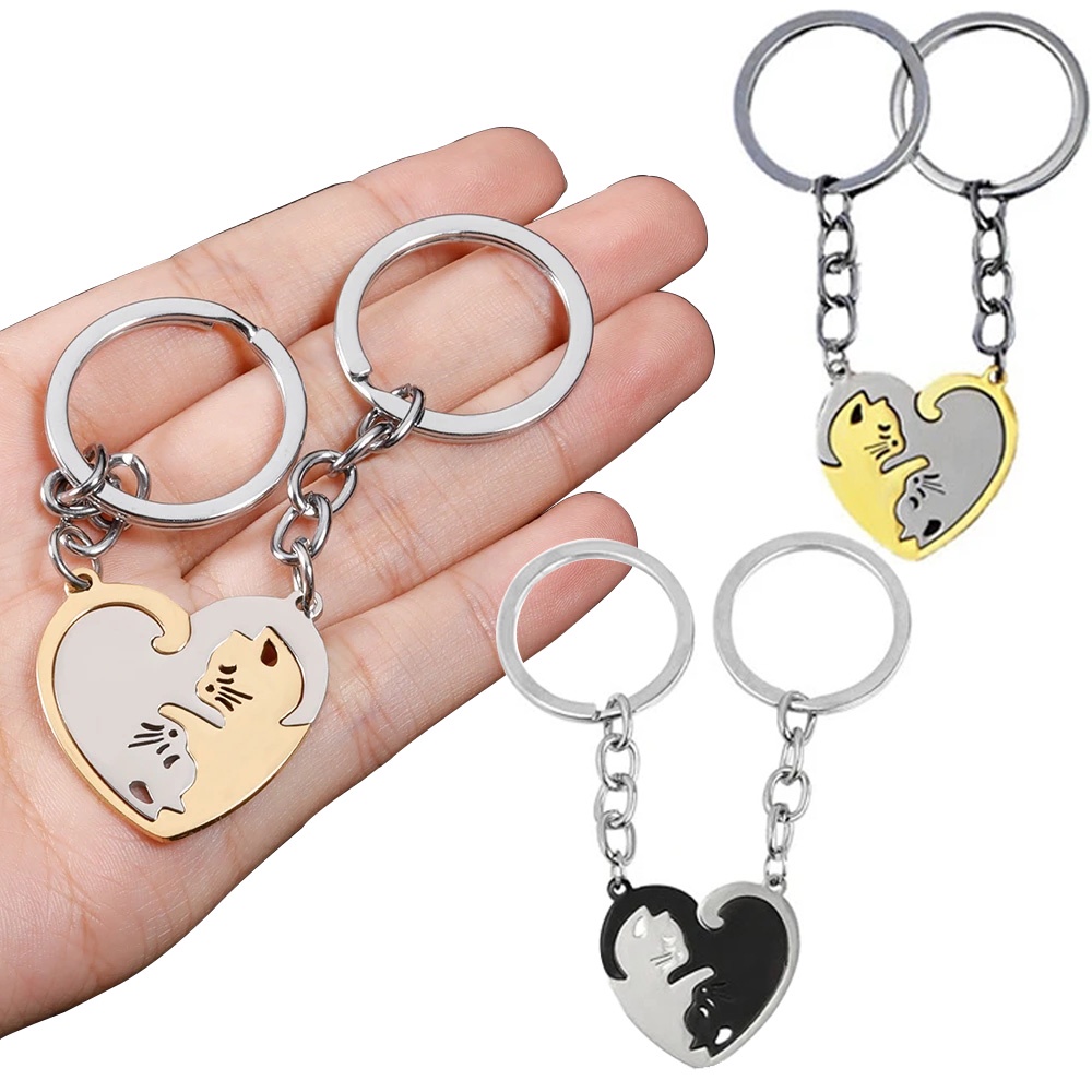 Cute Hug Cat Keychain Creative Patchwork Heart Round Keyring Couple ...