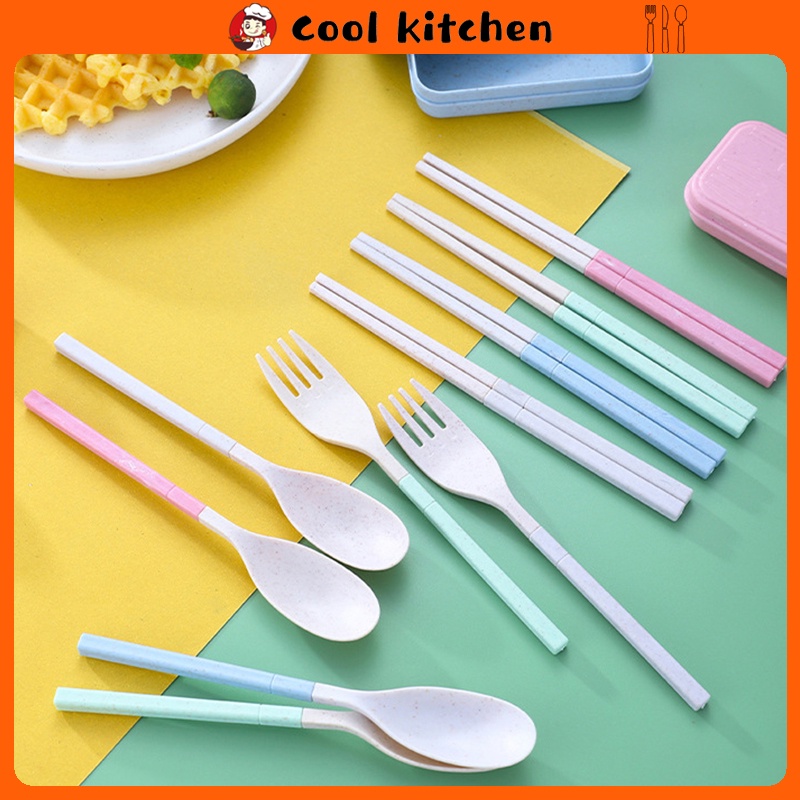 3pcs Set Reusable Folding Wheat Straw Chopstick Spoon Fork Cutlery Set ...