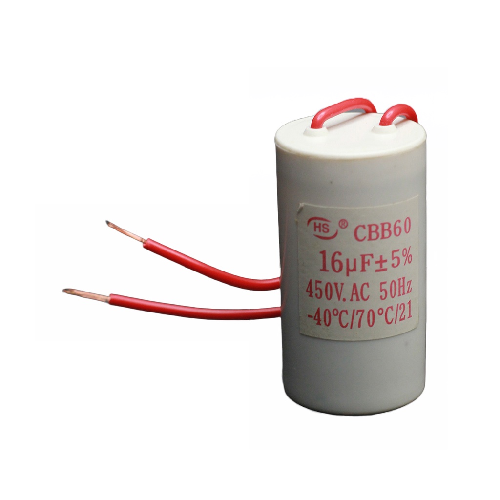 MOTOR RUN SH CAPACITOR 16UF CBB60 450VAC, WIRE LEAD CYLINDER WHITE ...