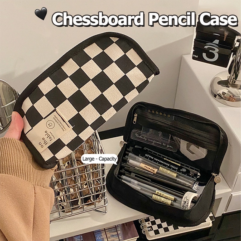 Checkerboard Large Capacity Pencil Case Organizer Canvas Material ...