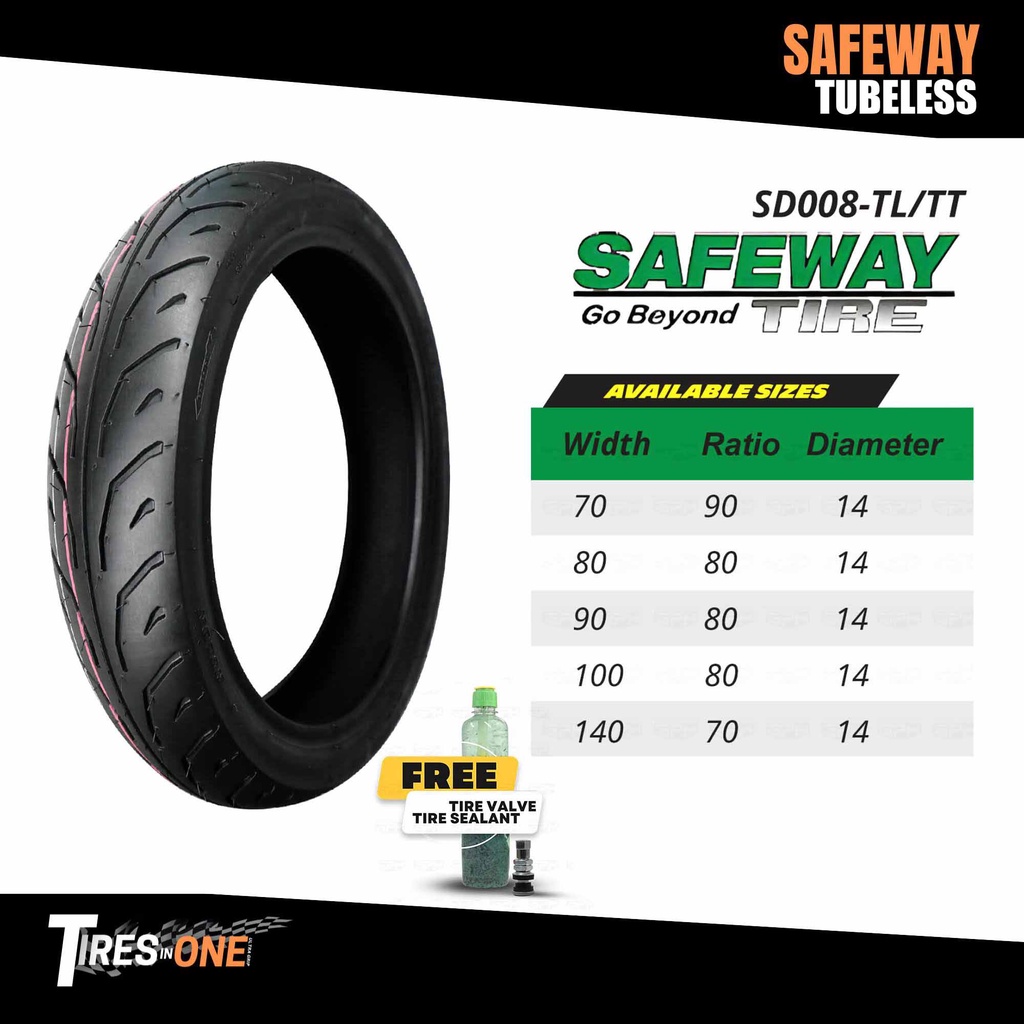 SAFEWAY MOTORCYCLE TUBELESS TIRES 70/90-14, 80/80-14, 90/80-14, 100/80 ...