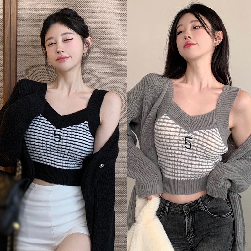 Womens Knitted Camisole Korean V Neck Embroidered Stripe Simple Outer
