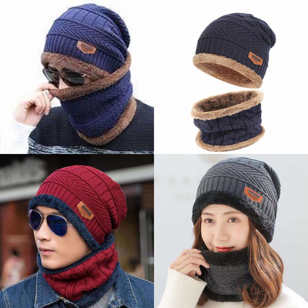 2 pcs Winter Beanie Hat scarf Set warm Knit Hat thick Fleece Lined Cap ...