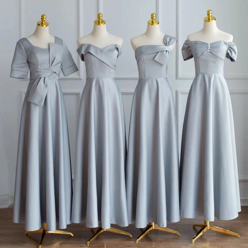 Grey/Pink/Green Satin Bridesmaid Dress For Women Elegant Wedding Sister ...