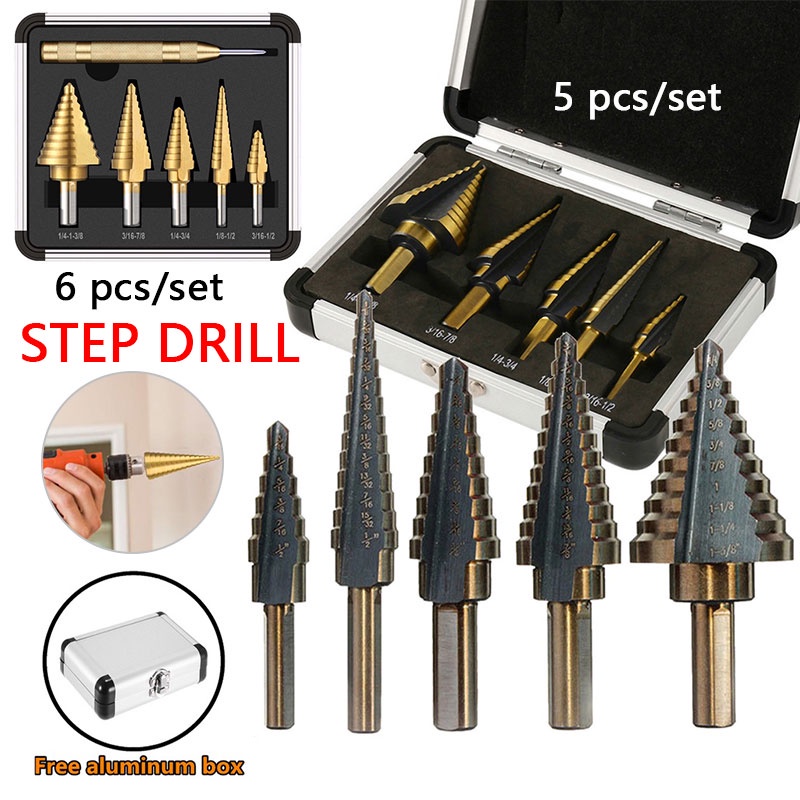 5pcs Step Drill Bit Set with Aluminum Case Metric/Inch Hss Cobalt Step ...