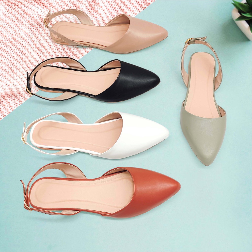 R&A813 Flat Pointed Toe with Round Vamp and Buckle Sling Back Half ...