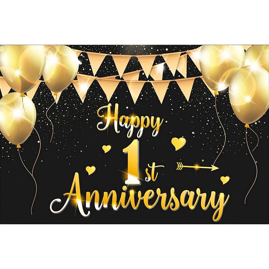 7x5ft Happy 1st Anniversary Banner Backdrop Black Gold Theme Backgroup ...