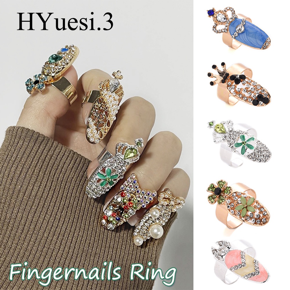 Luxury Rhinestone Crown Opening Fingernails Ring Women'S Adjustable ...