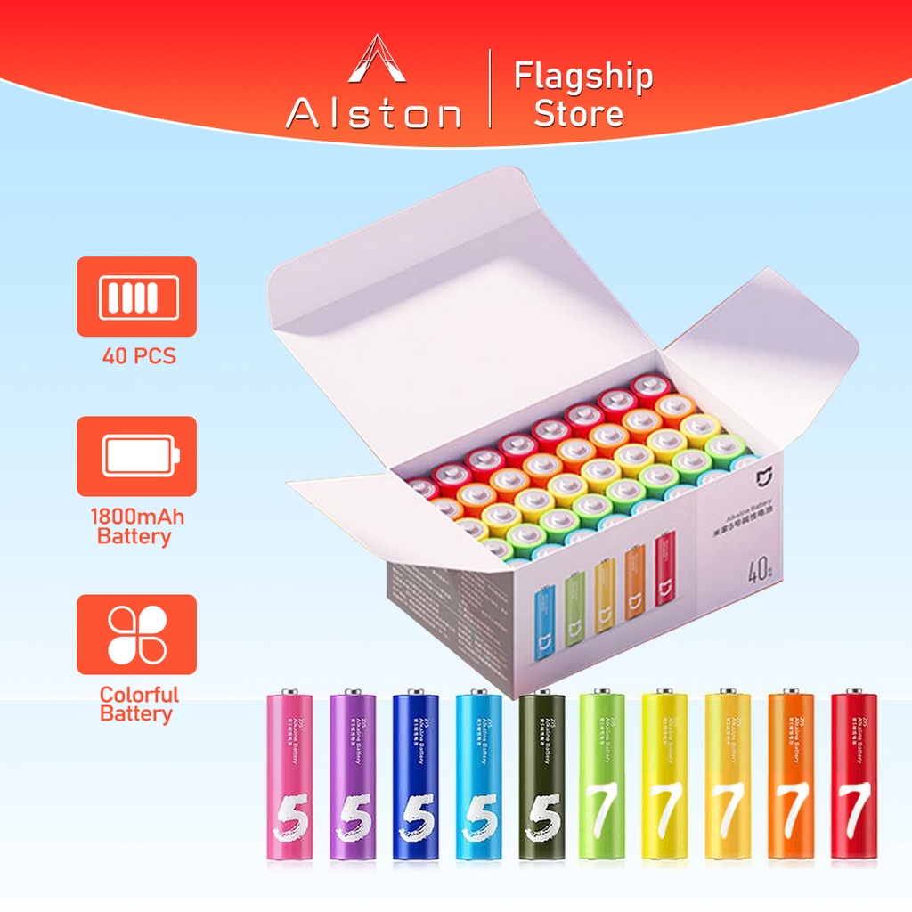 ALSTON 40Pcs Battery Original Mijia No.5 AA / No.7 AAA Alkaline Battery Rainbow Batteries Set ...