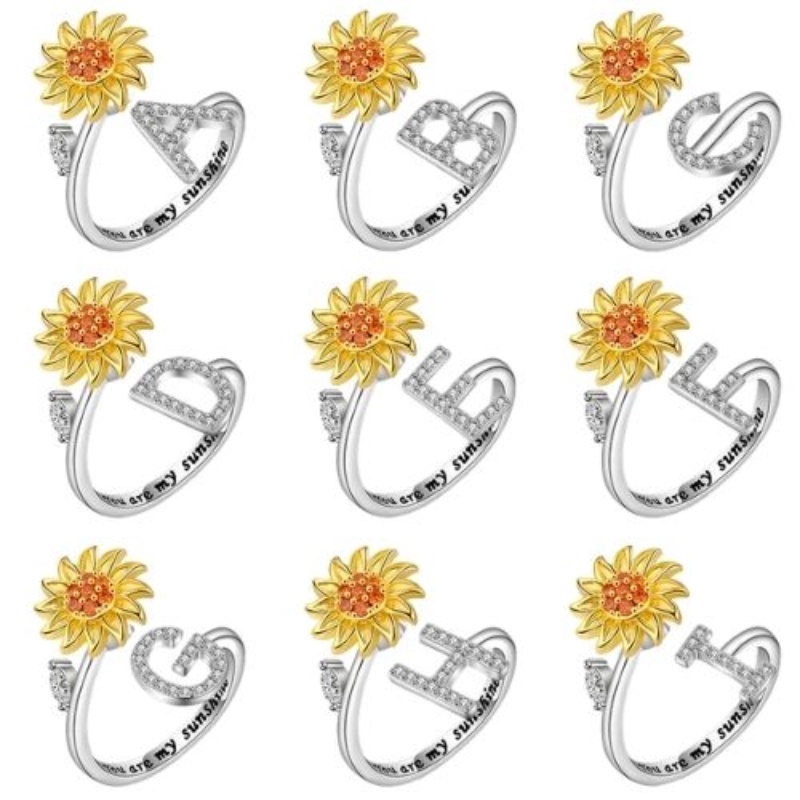 S925 Silver SUNFLOWER Spinning Ring 26 Letters Sunflower Rotating Open ...