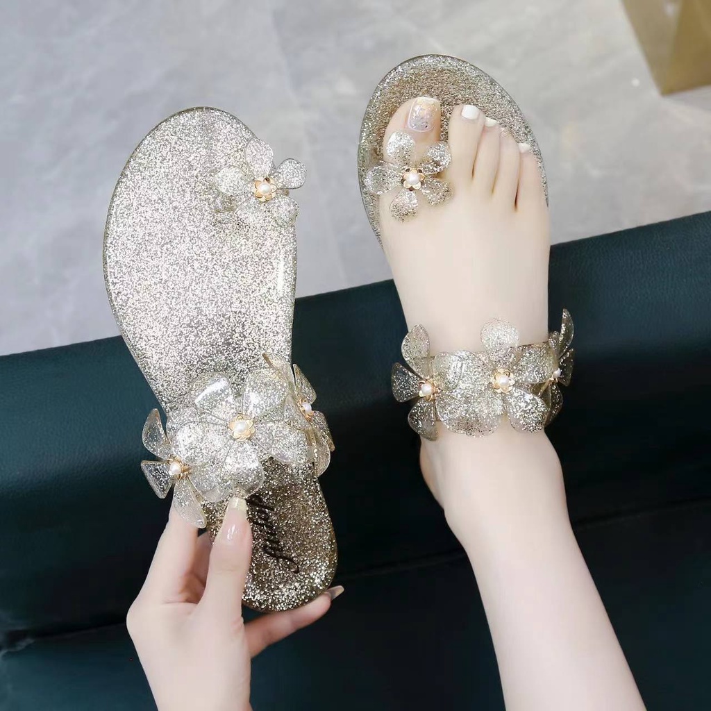 Flower style finger toe straps design glittering rubber flat sandals ...